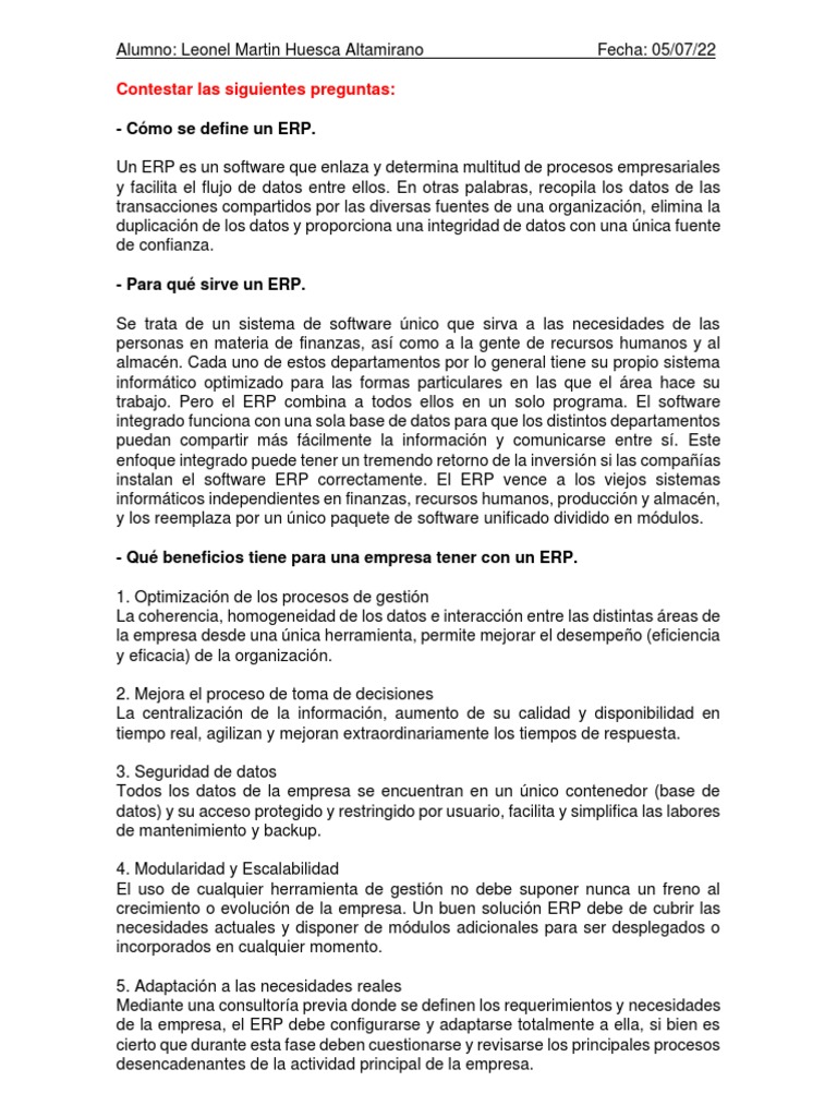ERP y MRP Tarea Leo | PDF | Planificación de recursos empresariales | Business