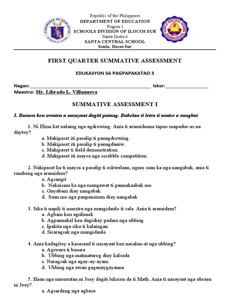First Quarter Summative Assessment | PDF