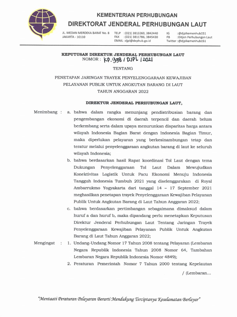 SK Jaringan Trayek Angkutan Barang Di Laut (Tol Laut) Ta 2022 | PDF