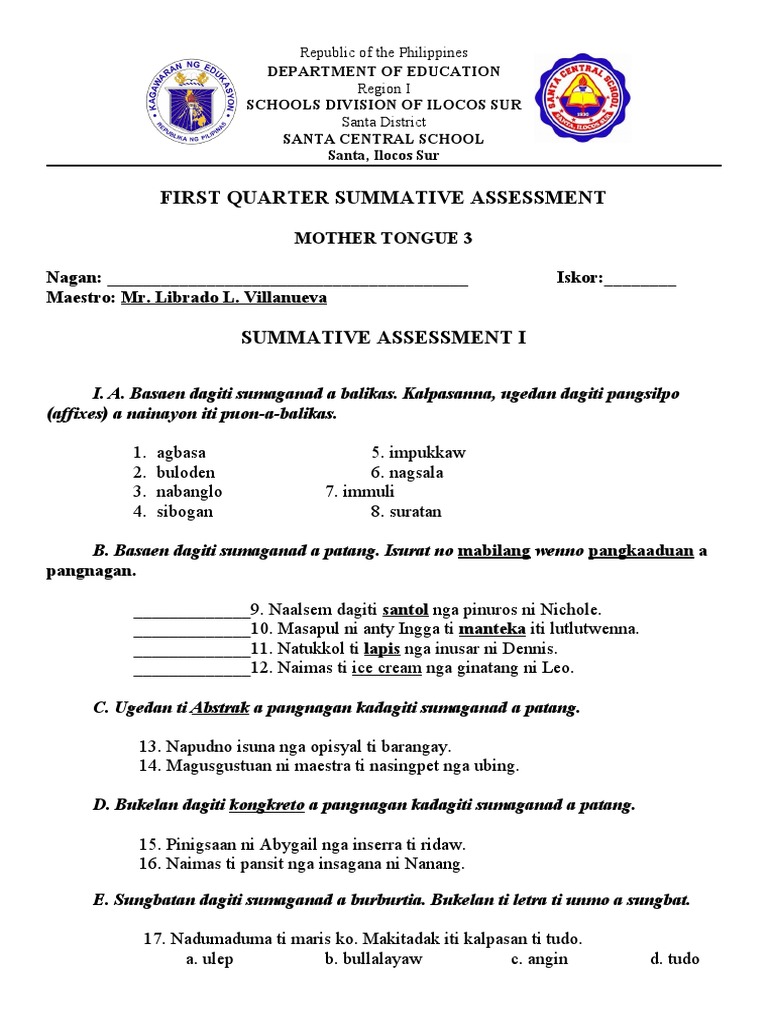 First Quarter Summative Assessment | PDF
