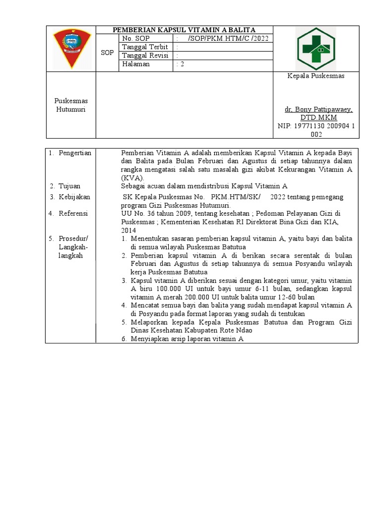 SOP Pemberian Kap. Vit.A.Balita | PDF