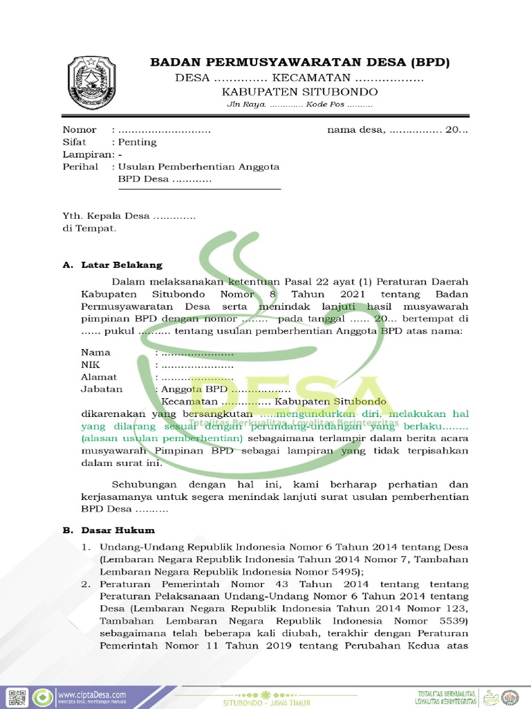 Contoh - Surat Pemberhentian BPD (Dari BPD) | PDF