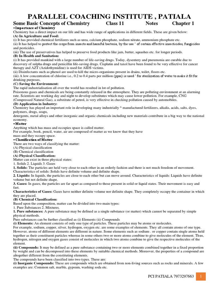 Class Xi CH 1 Notes | Download Free PDF | Stoichiometry | Mixture