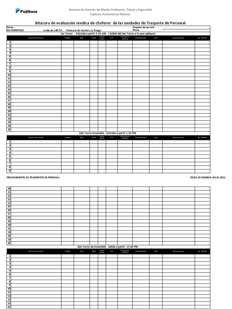 F. 7 Bitacora de Evaluacion Medica de Choferes de Transporte de ...