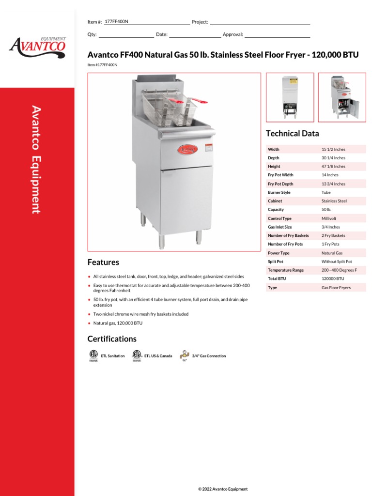 Avantco Equipment ff400 Nat Specsheet | PDF | Kitchen | British Thermal Unit
