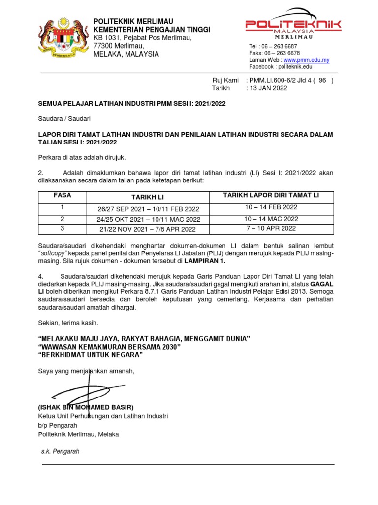 Surat Makluman Lapor Diri Tamat Li Sesi I - 2021.2022 | PDF