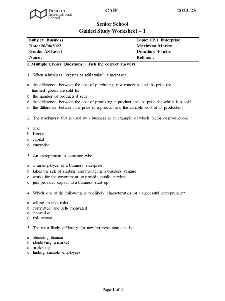 SS1 Business Guided Study Worksheet-1 | PDF | Entrepreneurship | Social ...