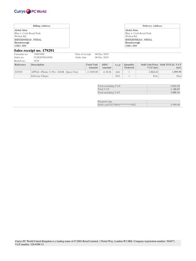 Curry's Uk 11PRO | PDF | Receipt | Value Added Tax