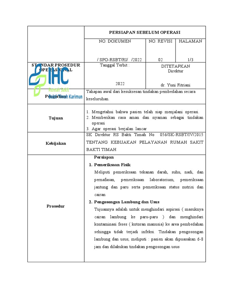 Prosedur Persiapan Sebelum Operasi | PDF