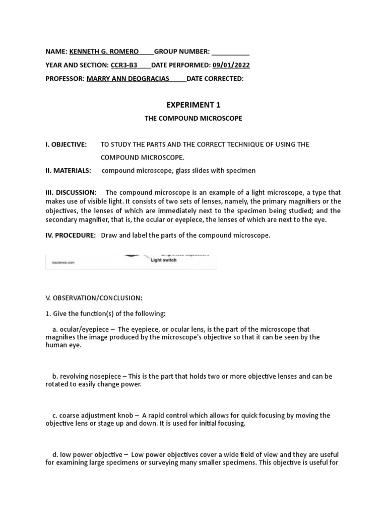 Experiment 1. The Compound Microscope | PDF | Microscope | Microscopy