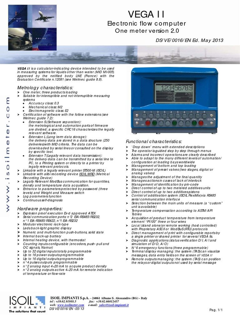 VEGA II Electronic Flow Computer One Meter Version 2.0 - Ds_ve_0016_en | PDF | Density | Relay