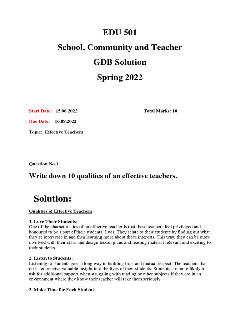 Edu501 GDB | PDF | Teachers | Classroom