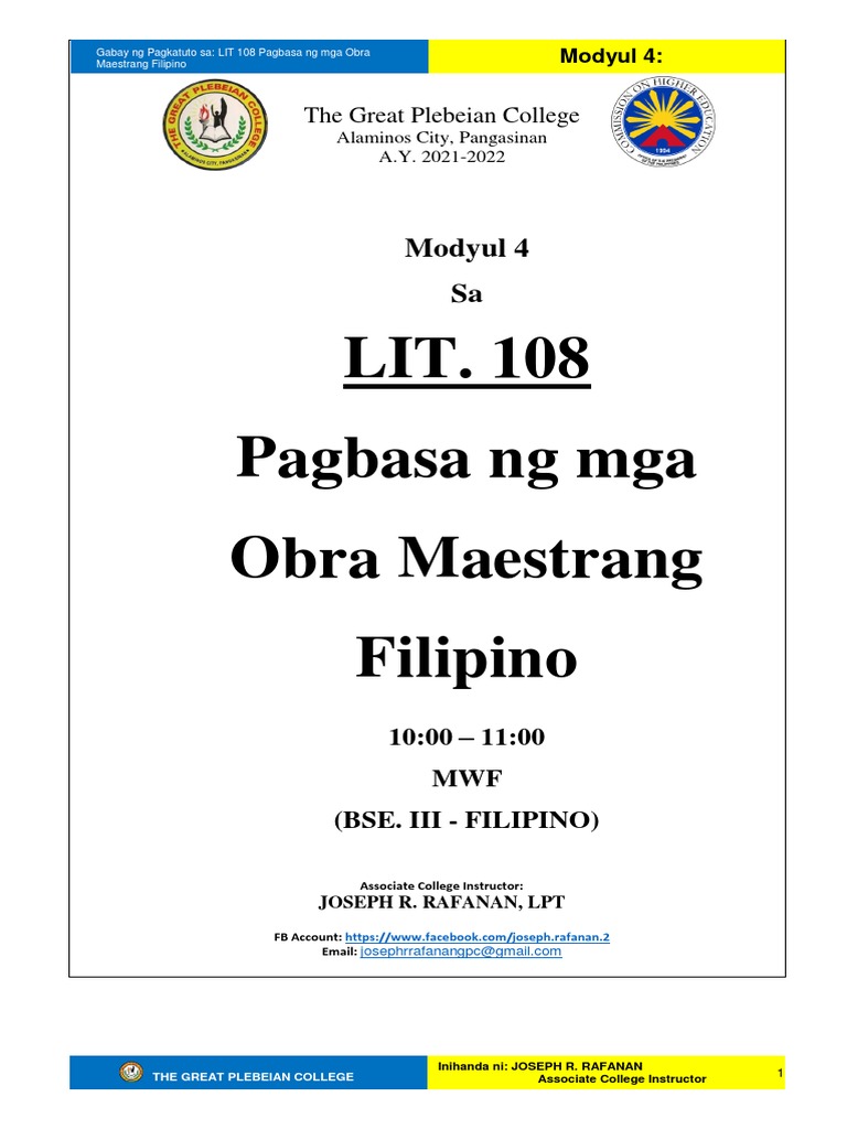 FINALS - LIT 108 Pagbasa NG Mga Obra Maestrang Filipino | PDF