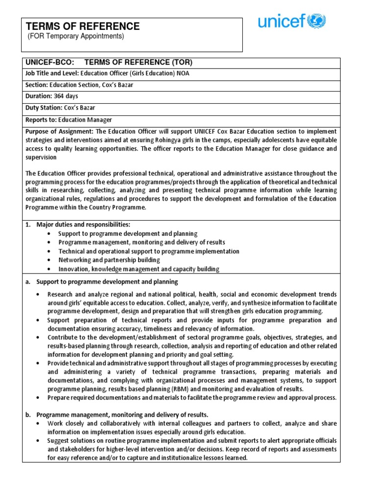 TOR - Education Officer CXB | PDF | Capacity Building | Monitoring And ...