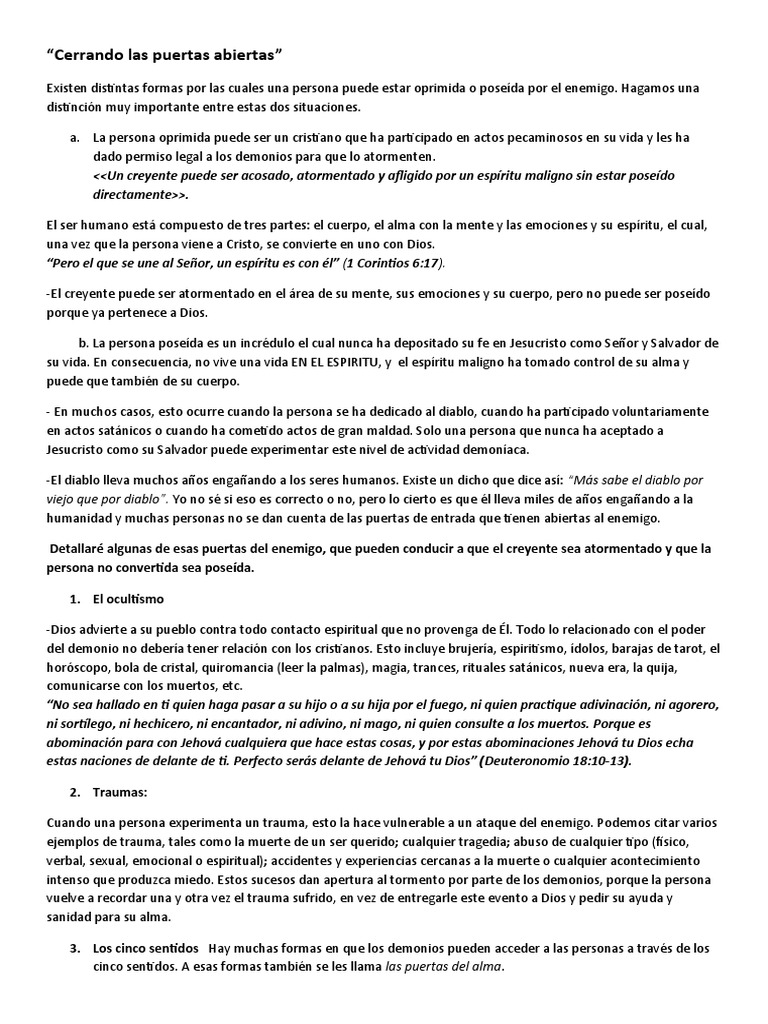 Cerrando Puertas Espirituales al Enemigo | PDF | Pecado | Demonios
