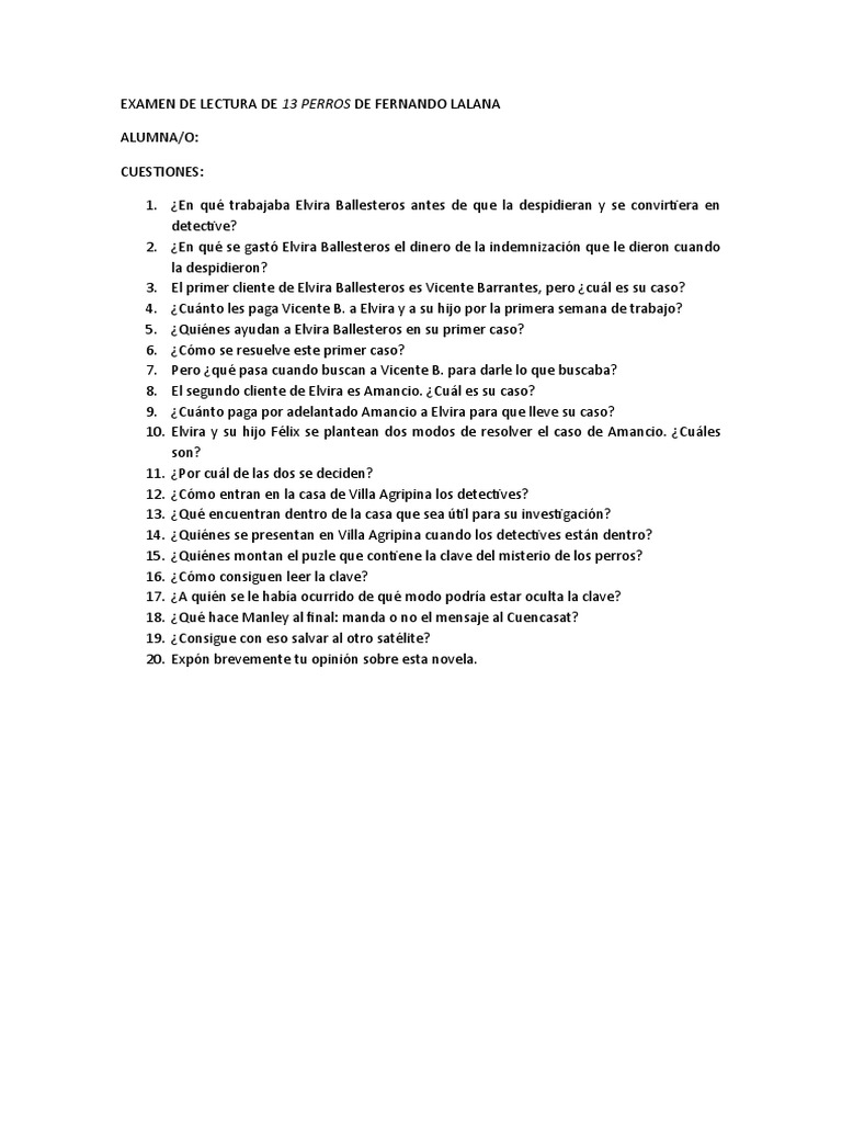 Examen de Lectura de 13 Perros de Fernando Lalana | PDF