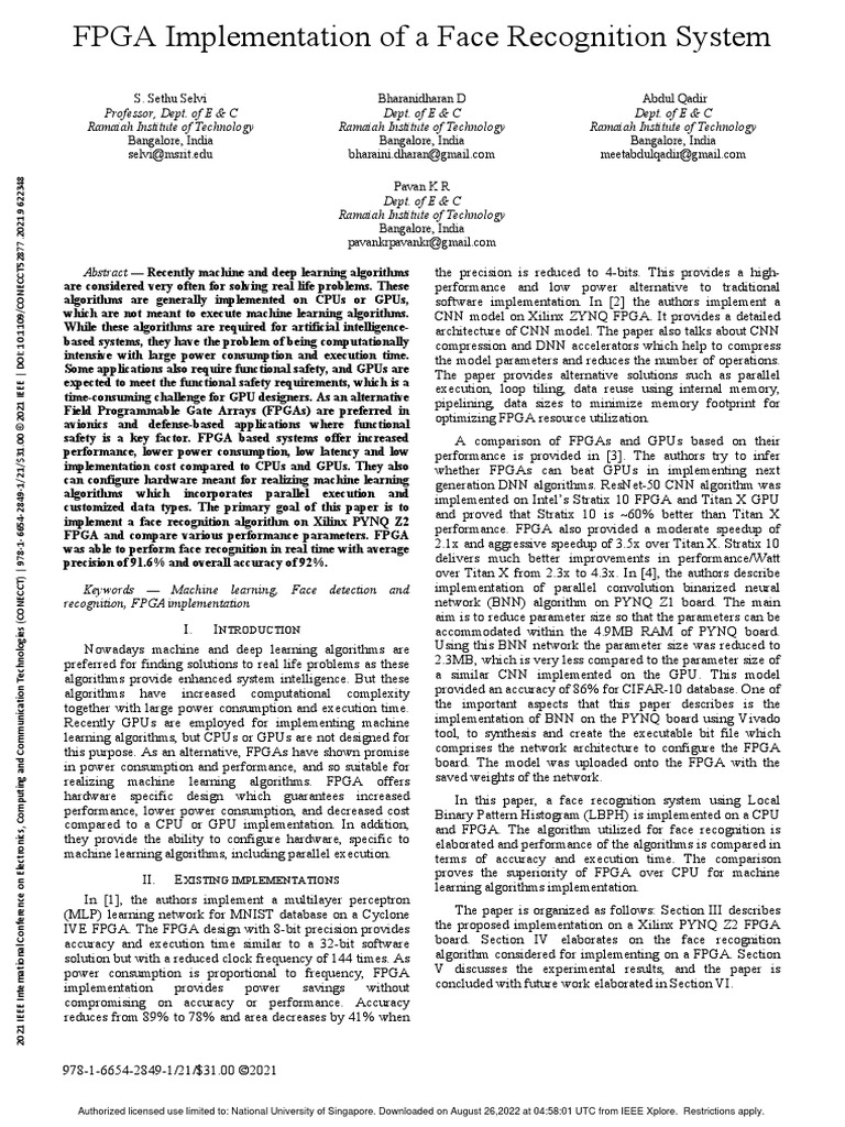 FPGA Implementation of A Face Recognition System | PDF | Field Programmable Gate Array | Deep ...