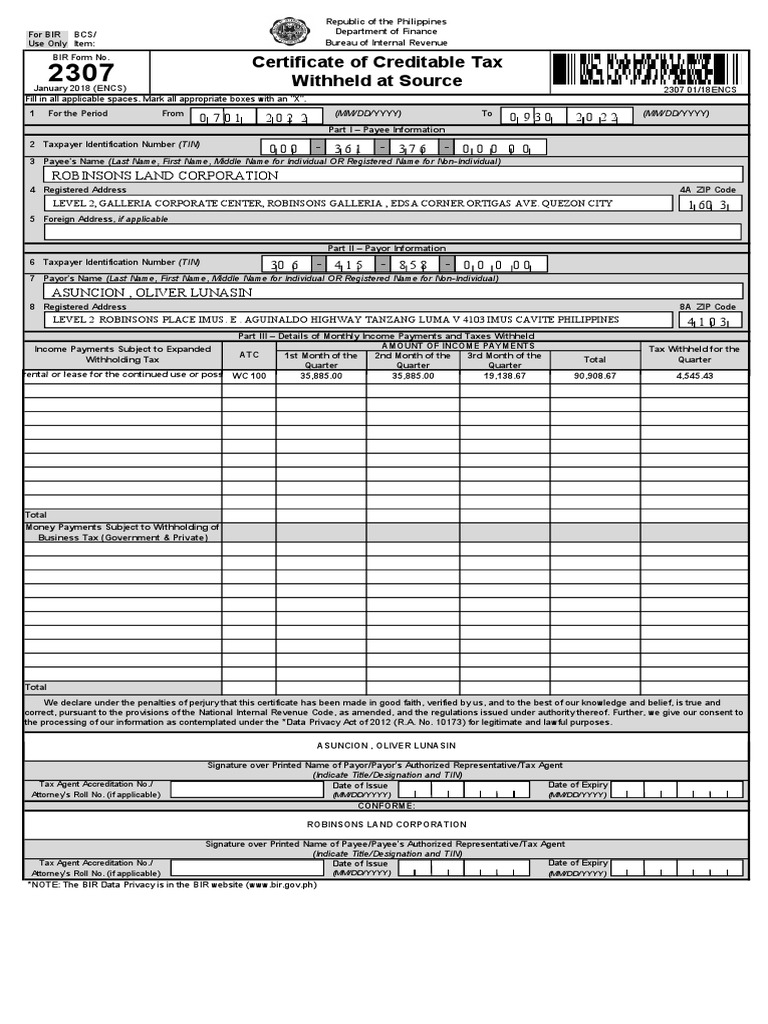 Certificate of Creditable Tax Withheld at Source | Download Free PDF ...