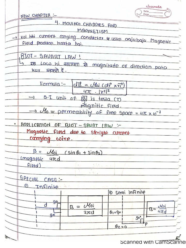 Moving Charges and Magnetism Handwritten Notes | PDF