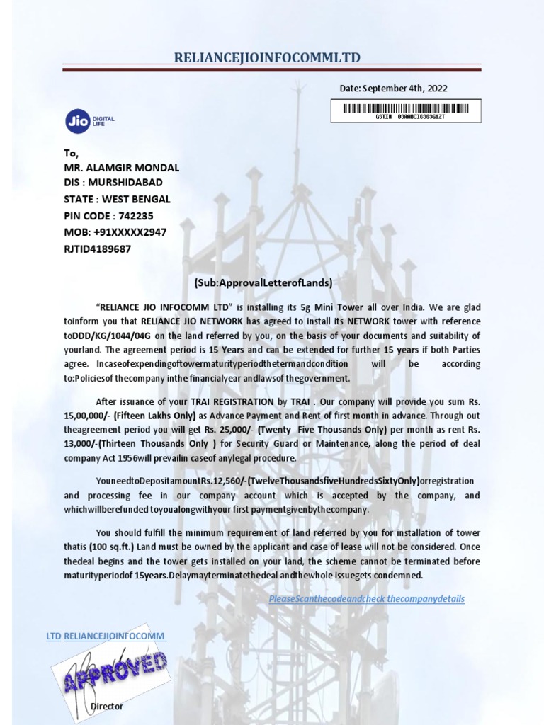 Reliance Jio Approval Letter and Satellite Verification Report for ...