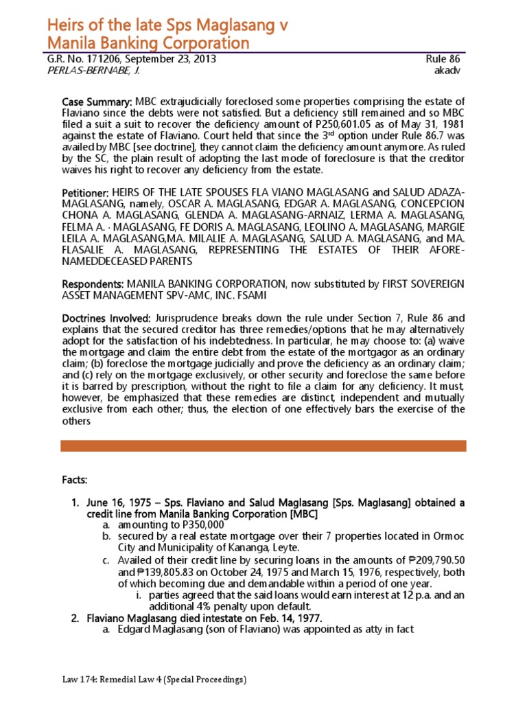 Maglasang Estate Deficiency Ruling | PDF | Foreclosure | Mortgage Law