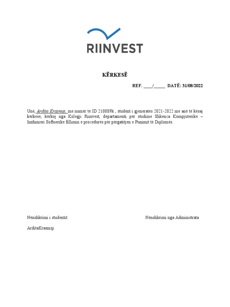 Kërkesë Për Fillimin e Procedurave Të Temës Së Diplomës ...