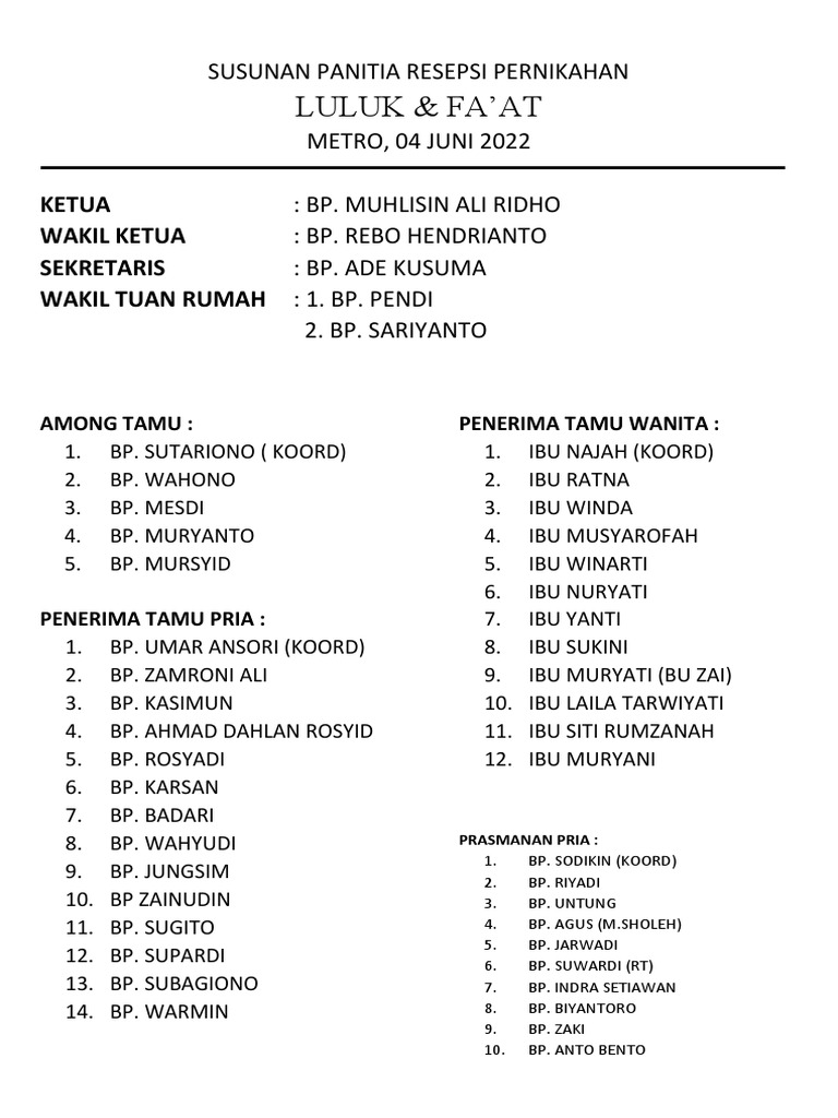Susunan Panitia Resepsi Pernikahan | PDF Susunan Panitia Resepsi Pernikahan | PDF