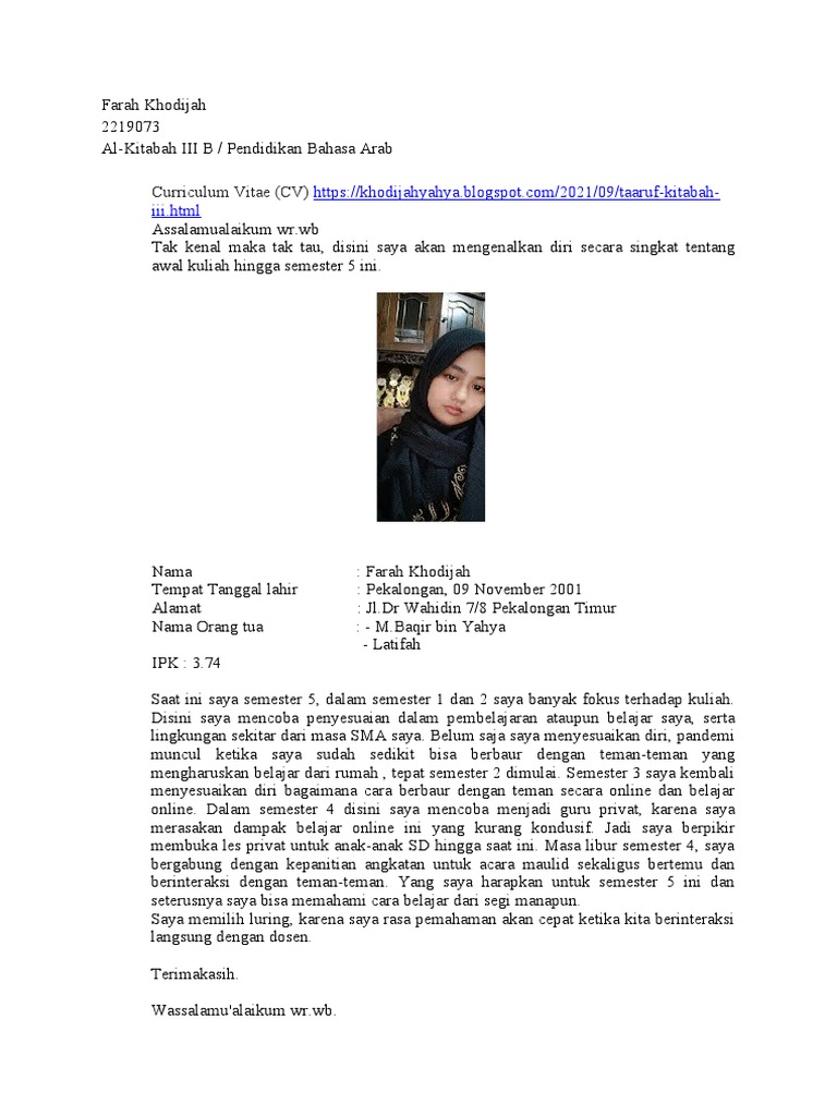 CV dan Perjalanan Akademik Farah | PDF