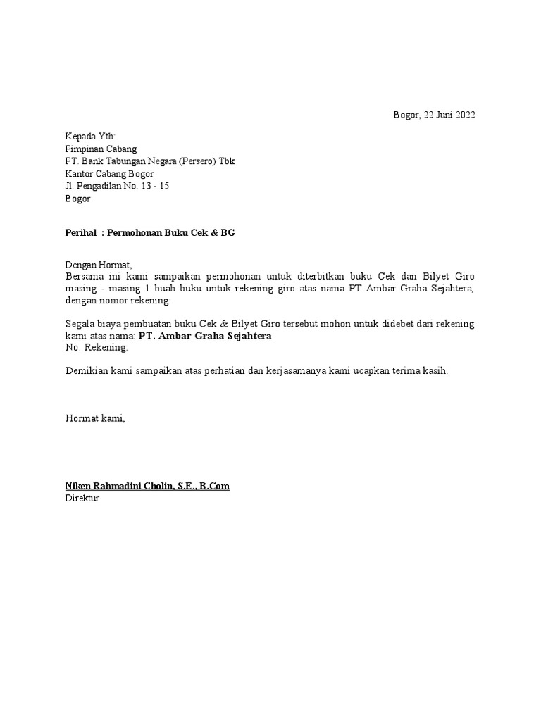 Contoh - Surat Permohonan Cek Dan BG | PDF