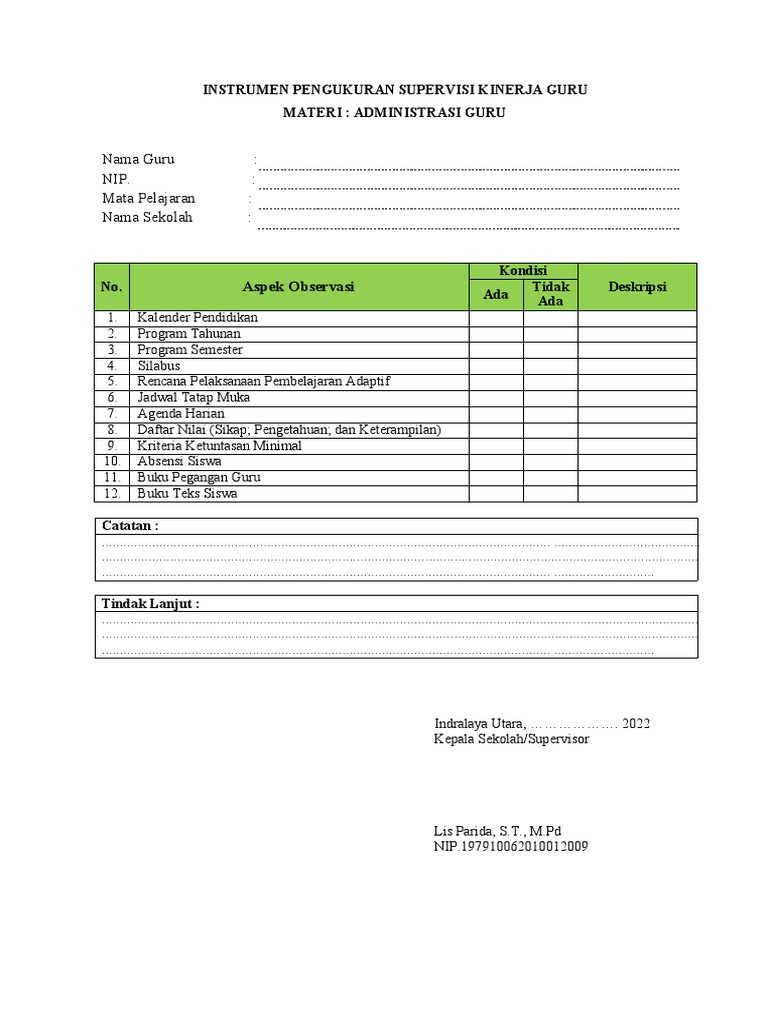 Instrumen Supervisi Guru | PDF