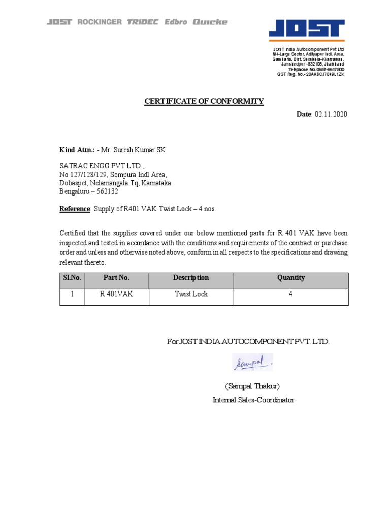 COC For Satrac Twist Lock | PDF