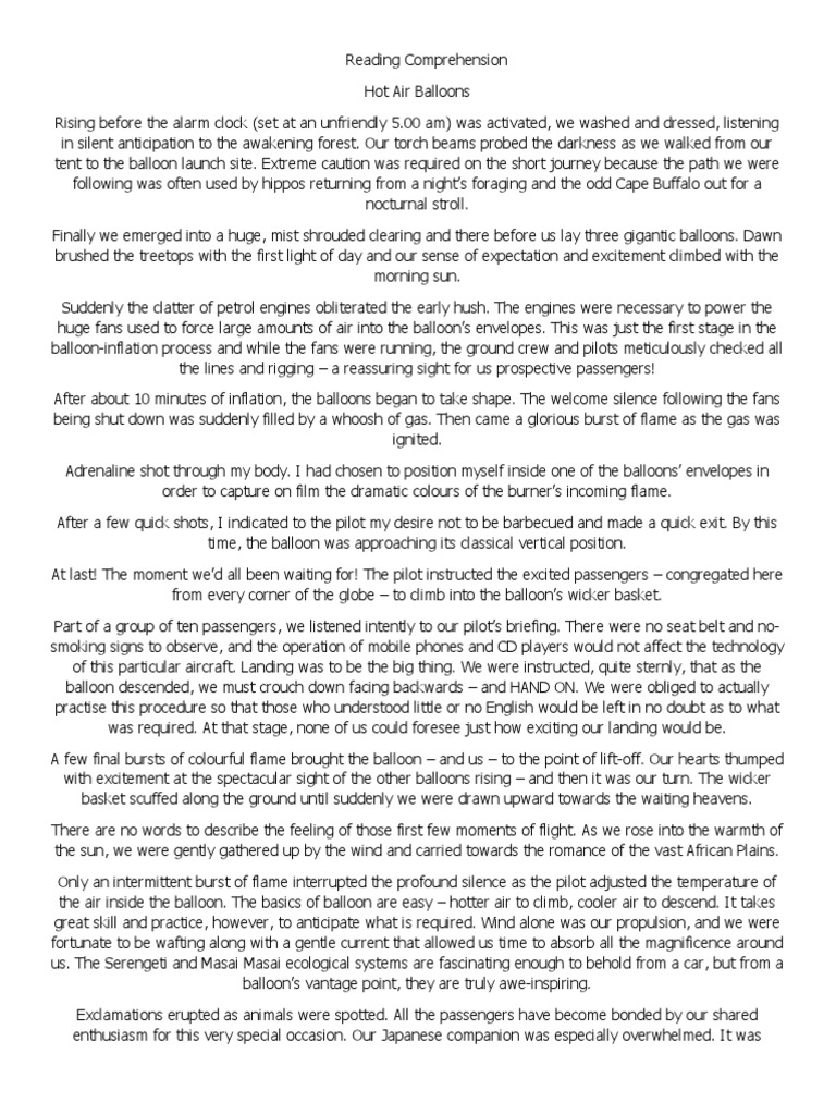 Grade 9 Reading Comprehension: Hot Air Balloons | PDF
