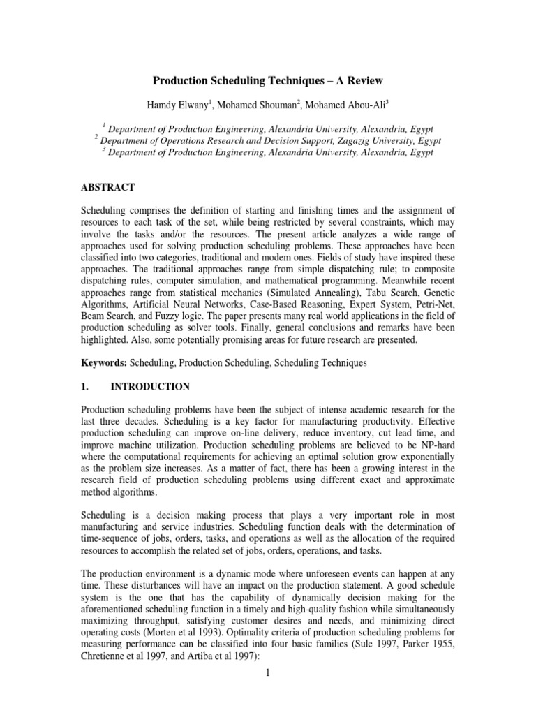 Production Scheduling Techniques A Revie Pdf Mathematical Optimization Scheduling
