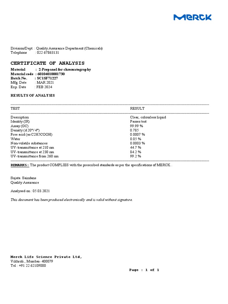 Merck Certificate of Analysis for 2-Propanol | PDF