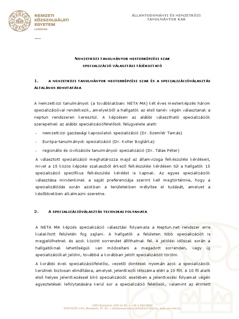 NETA MA Specializáció Bemutató Tájékoztató - 2021 | PDF