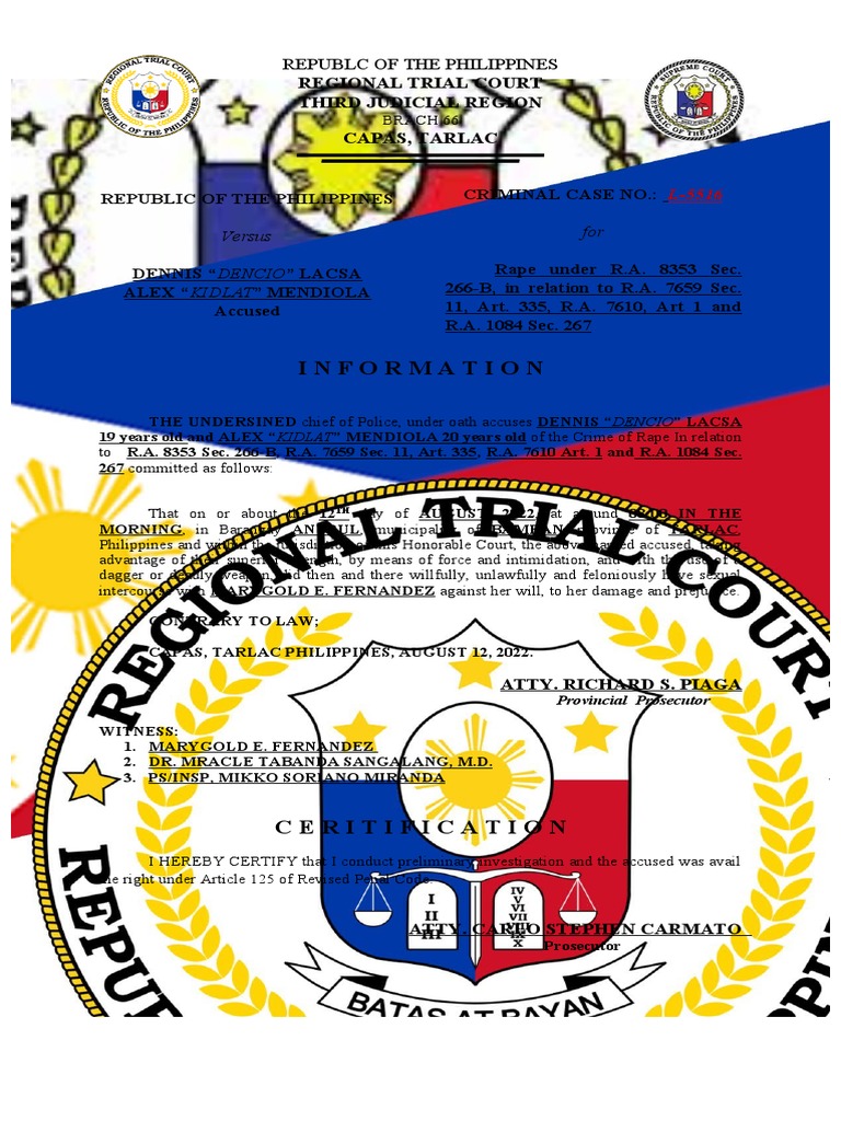Information: Republic of The Philippines Criminal Case No. | PDF | Rape ...
