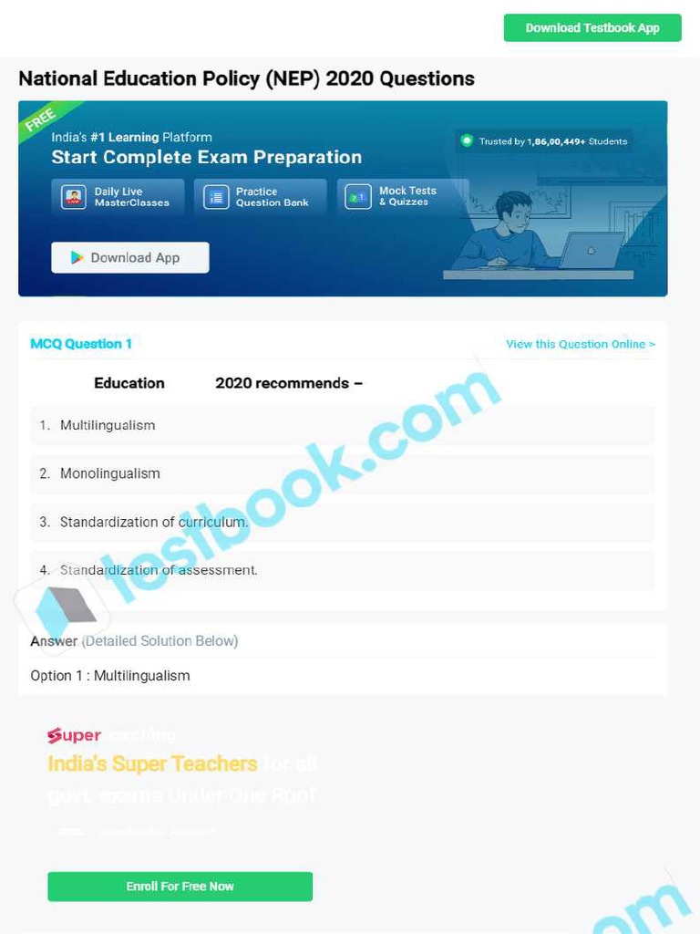 MCQ On National Education Policy Nep 2020 621f7275b9516ab546f0b29a | PDF