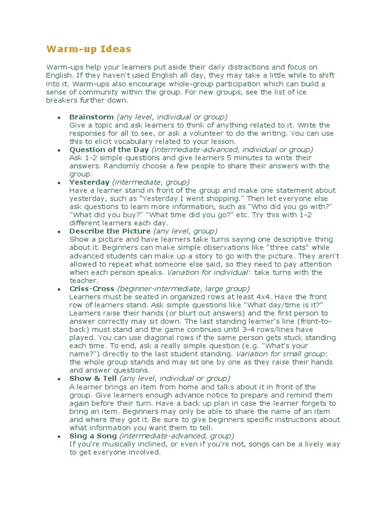 Warm Up Ideas | PDF | Learning | Cognition