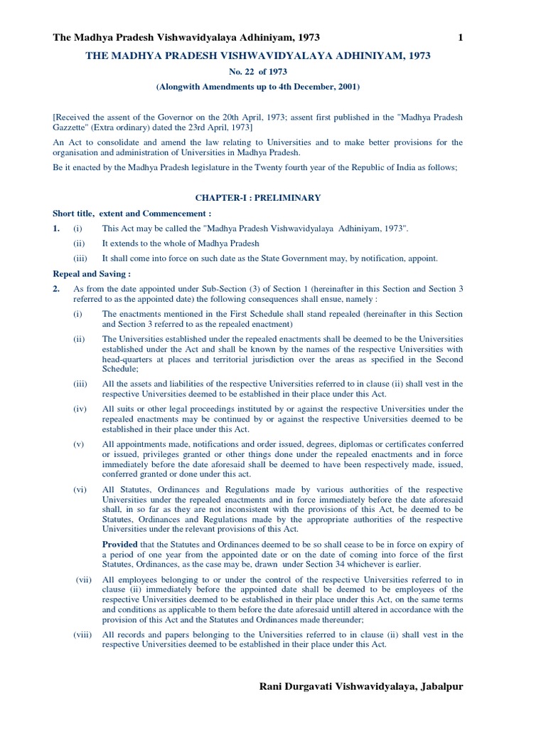 MP University Act 1973 | PDF | Academic Degree | College