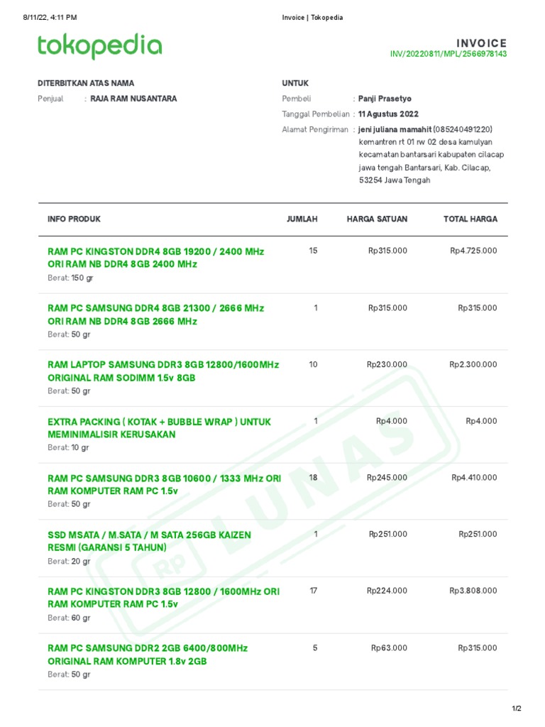 Invoice - Tokopedia | PDF