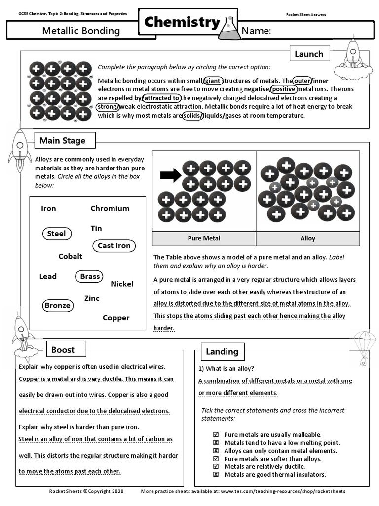 C2 Metallic Bonding Answers (Rocket Sheets) | PDF | Metals | Alloy