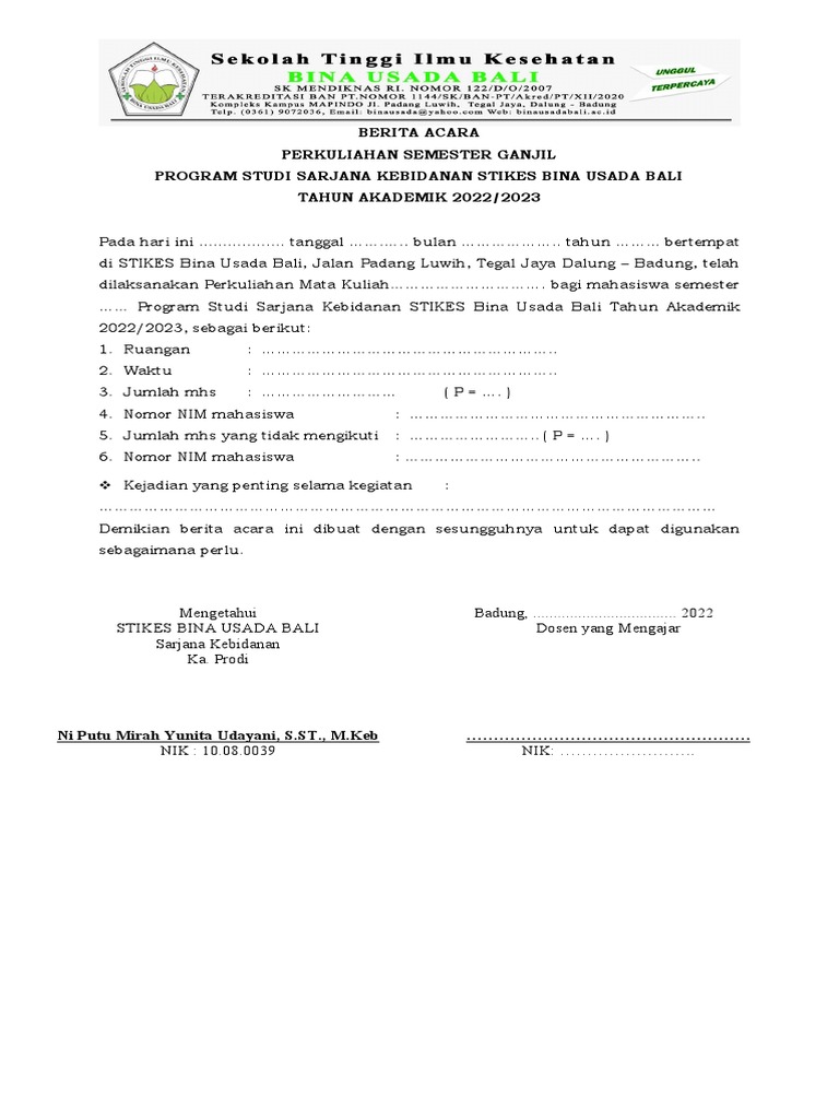 Berita Acara Kuliah Kebidanan | PDF | Seni