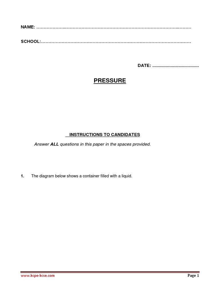FORM 1 TOPIC 4. PRESSURE QUESTIONS Teacher - Co - .Ke | PDF | Force ...