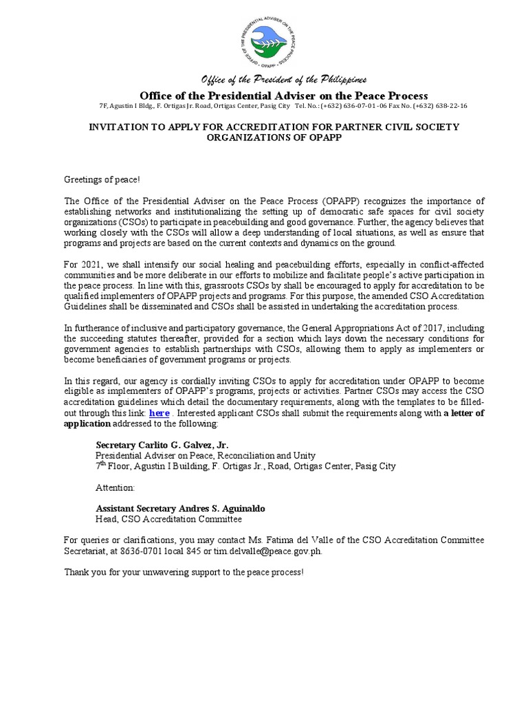 CSO Accreditation Invitation by OPAPP | PDF | Peacebuilding | Government