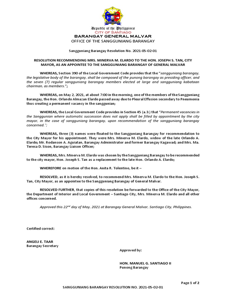 Barangay Resolution: Minerva Elardo Appointment | PDF | Government ...