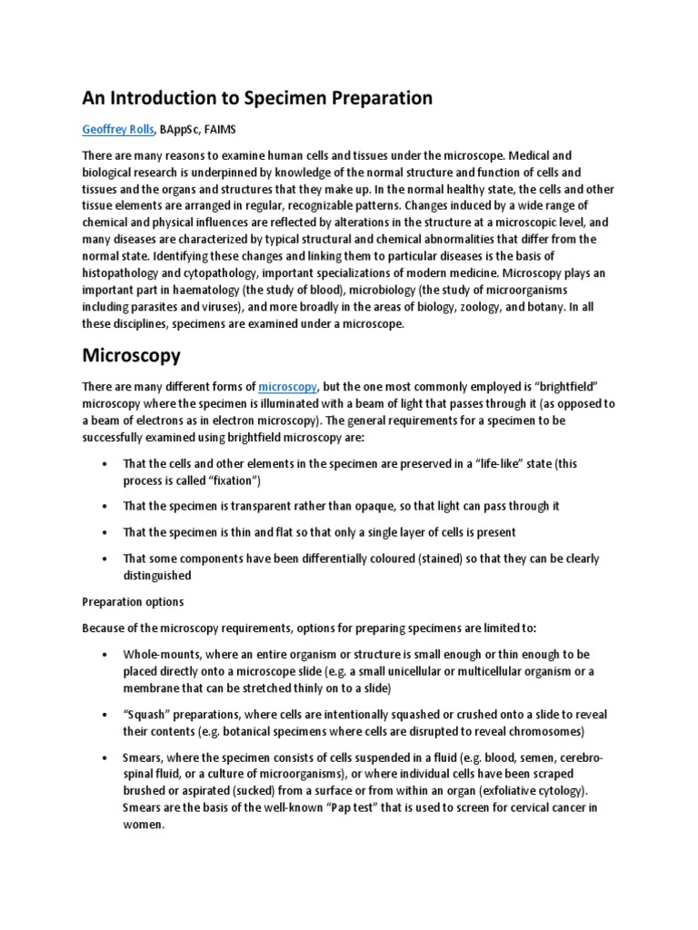 An Introduction To Specimen Preparation | PDF | Histopathology | Biopsy