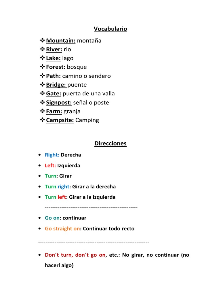 Vocabulario y Direcciones - Unidad 6 | PDF