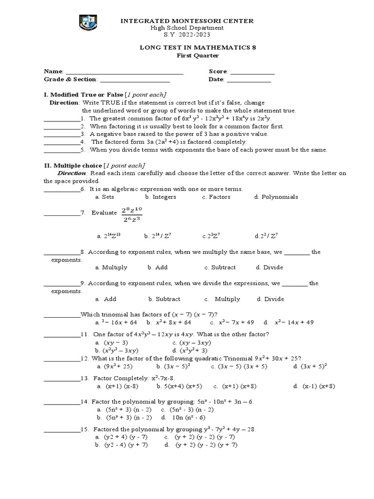 Math 8 Long Test: Factoring & Exponents | PDF | Factorization ...