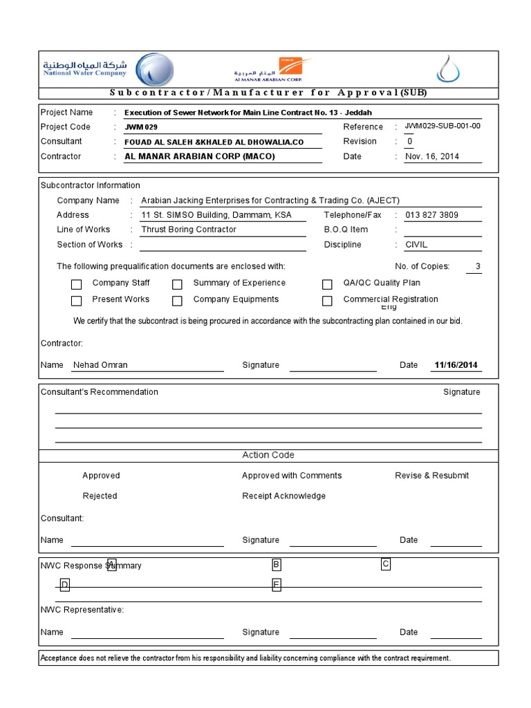 1 PMF 012 COM 009 - v2 - Subcontractor - Submittal - Form 029 ...