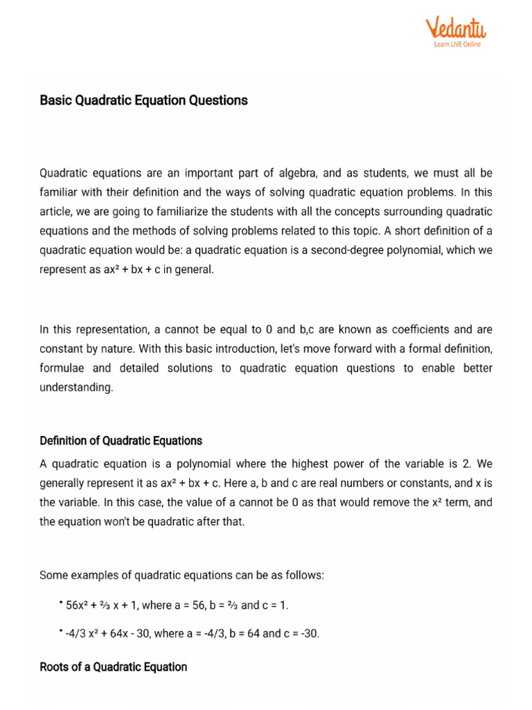 Quadratic Equation Questions | PDF
